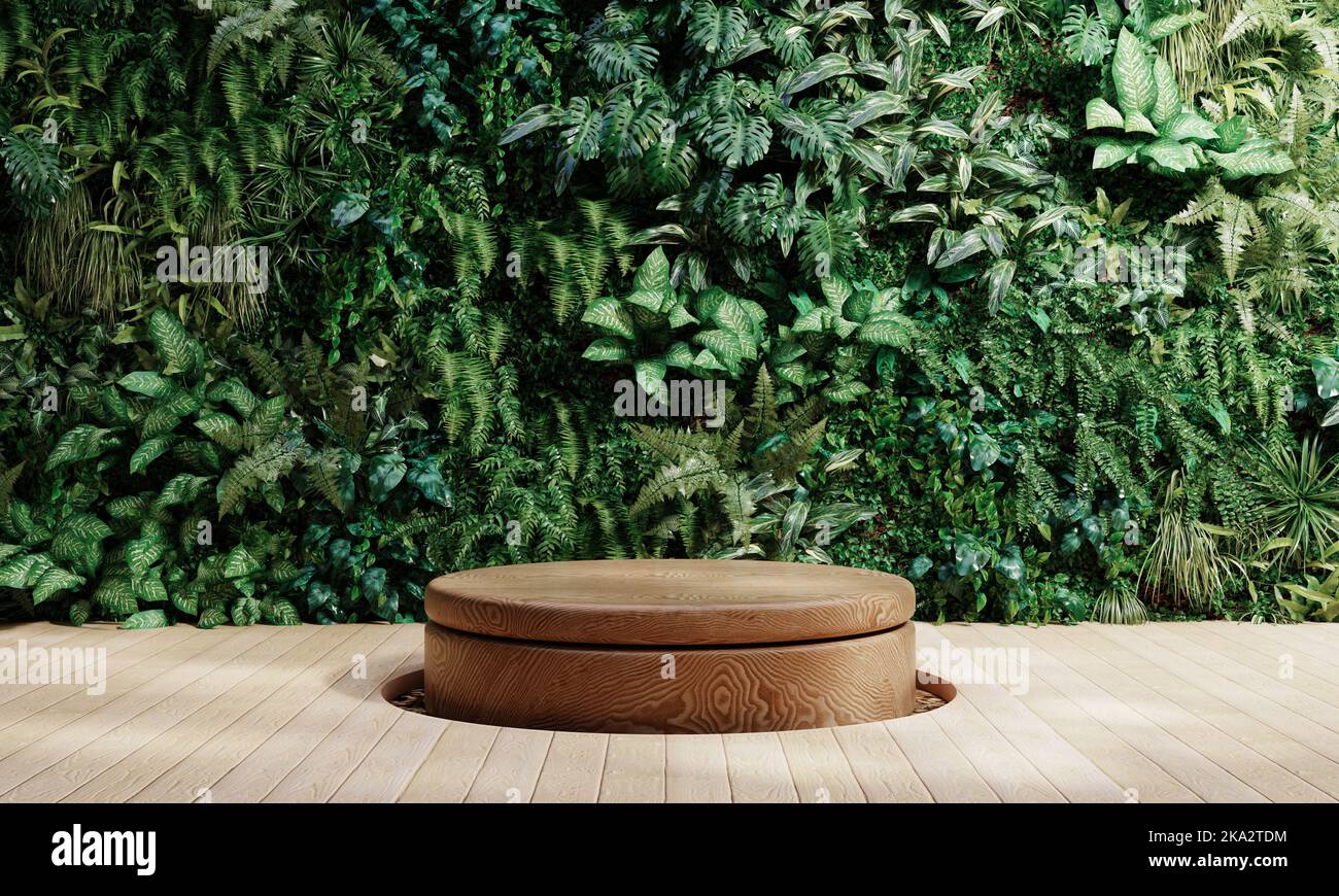 Wooden product display podium with natural green hedge and wooden ...