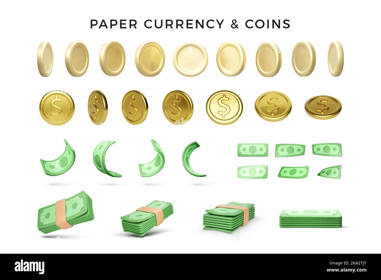 Set of 3D render gold coins and green paper currency. Wad of green dollars for business banners ...