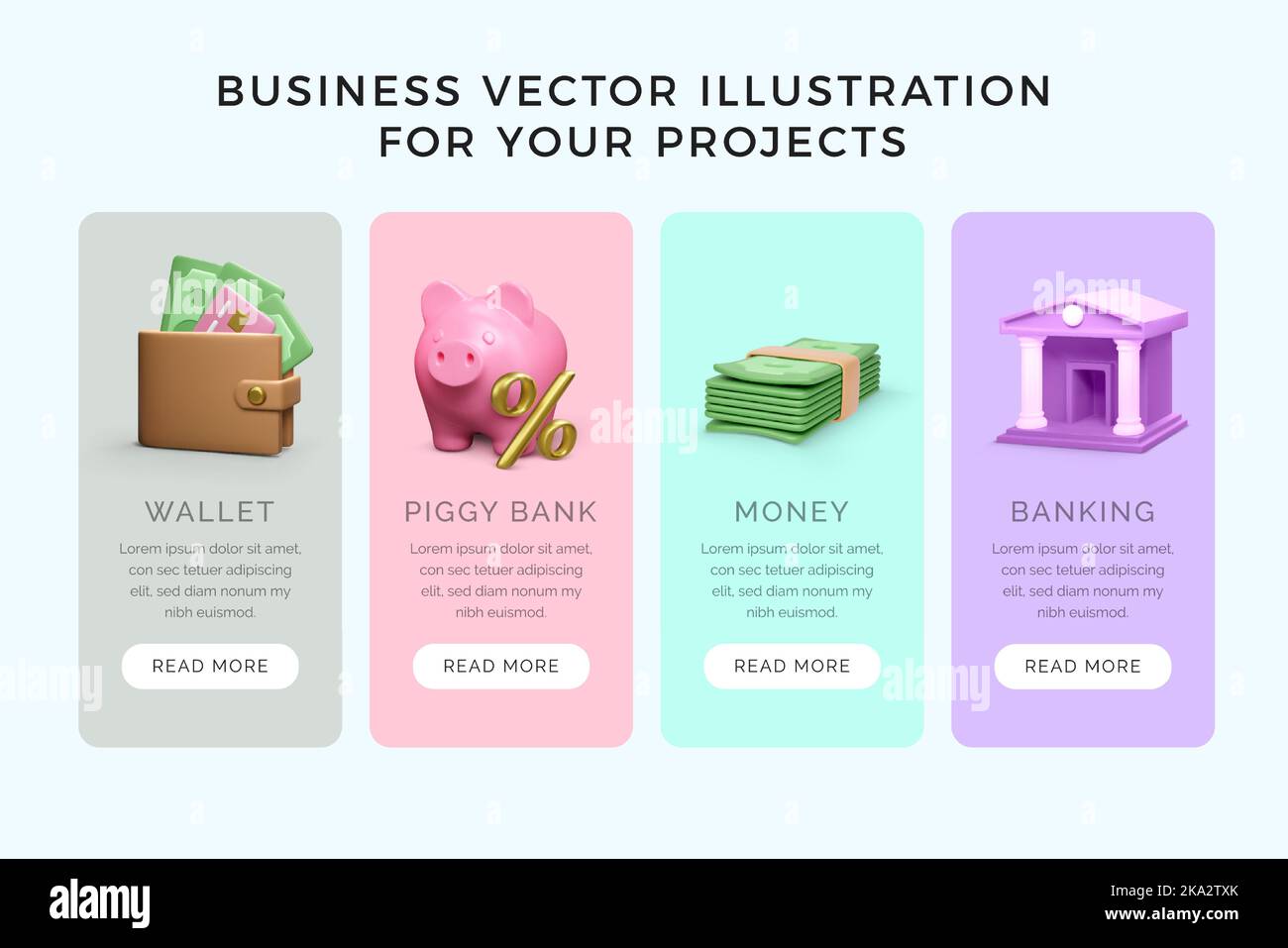 Business 3D objects for banners. Wallet with cash, piggy bang with ...