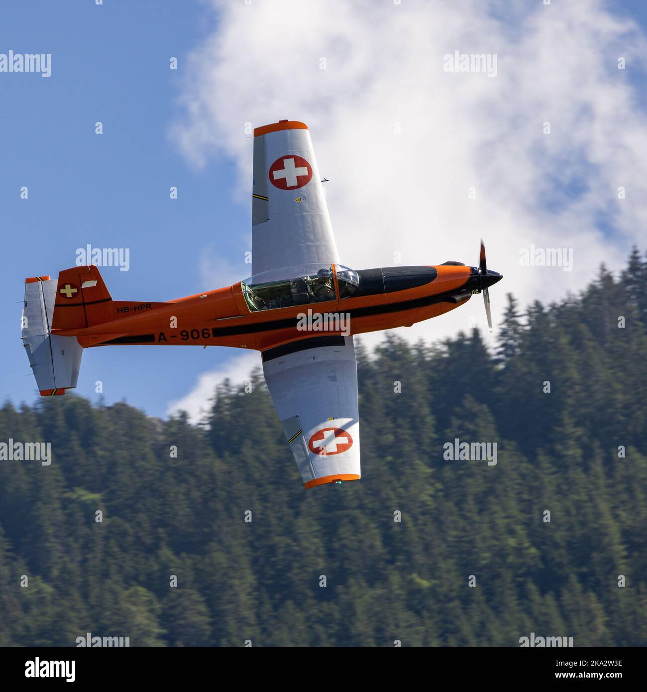 A view of the Pilatus PC-7 aircraft flying over the trees in Aerodrome ...