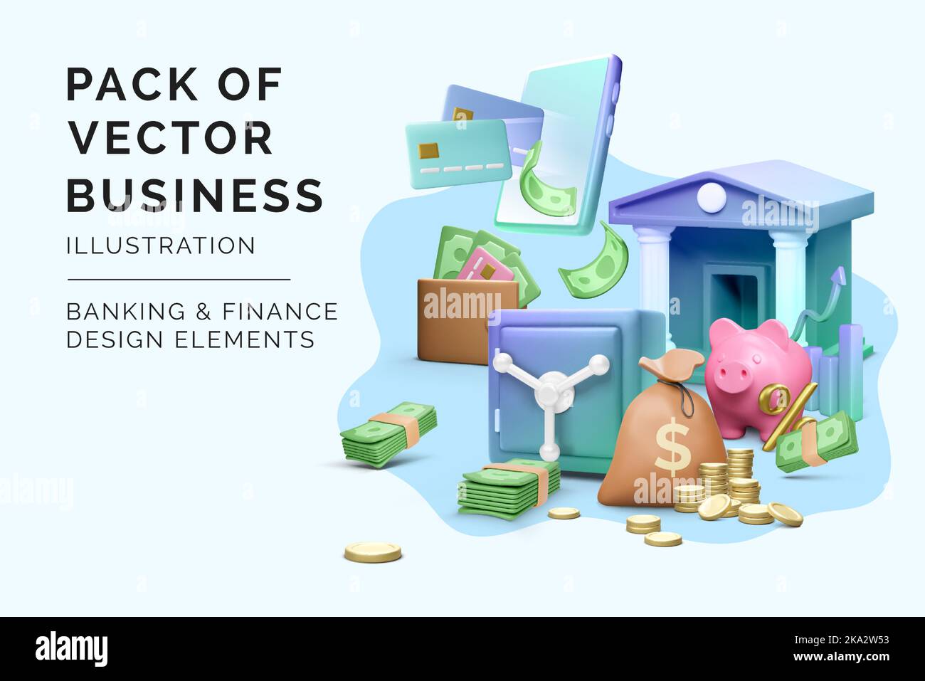 Set of 3D banking and finance icons. Render business objects in ...