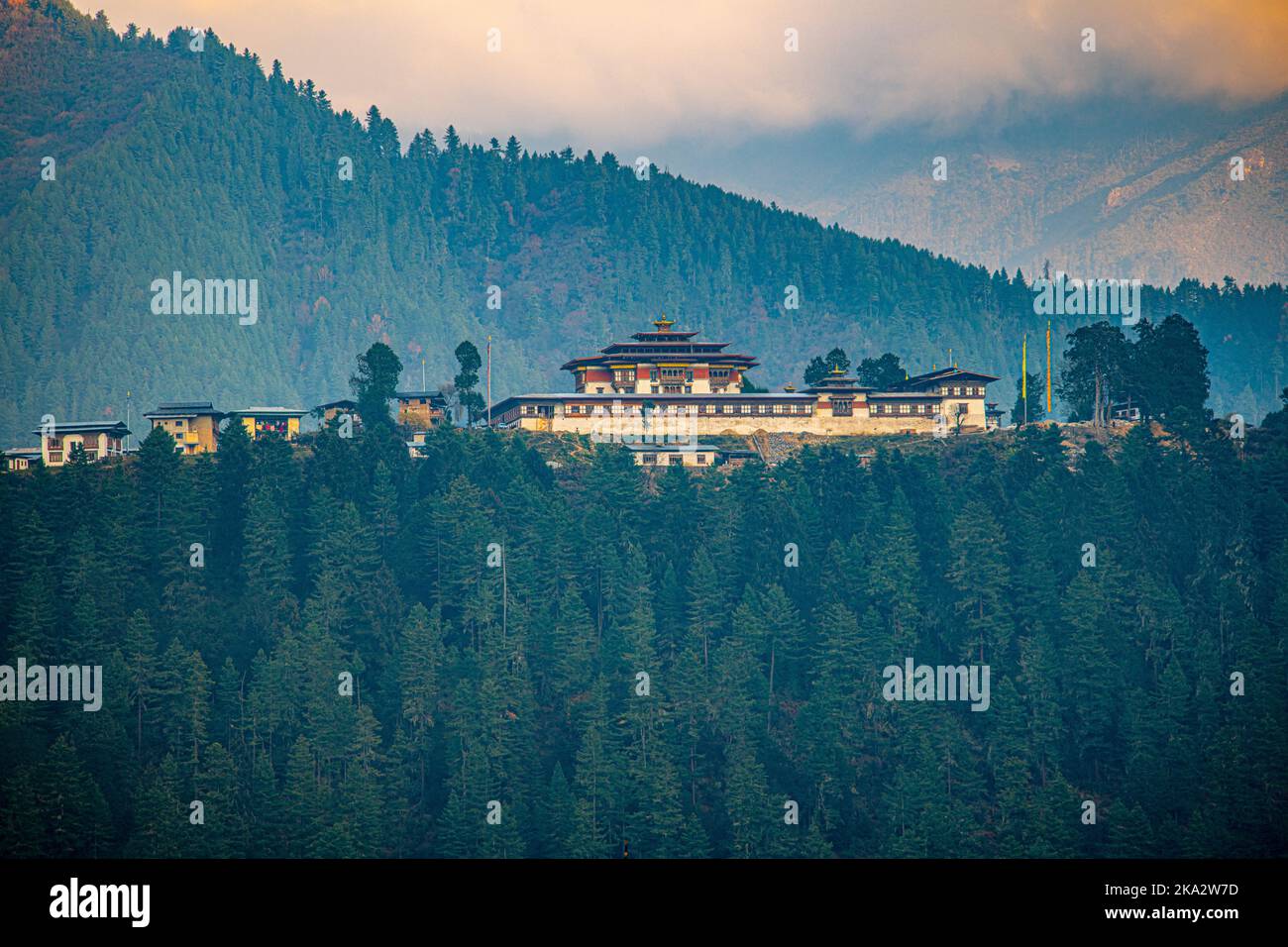 An aerial view of a historic building in the mountains of Phobjikha ...