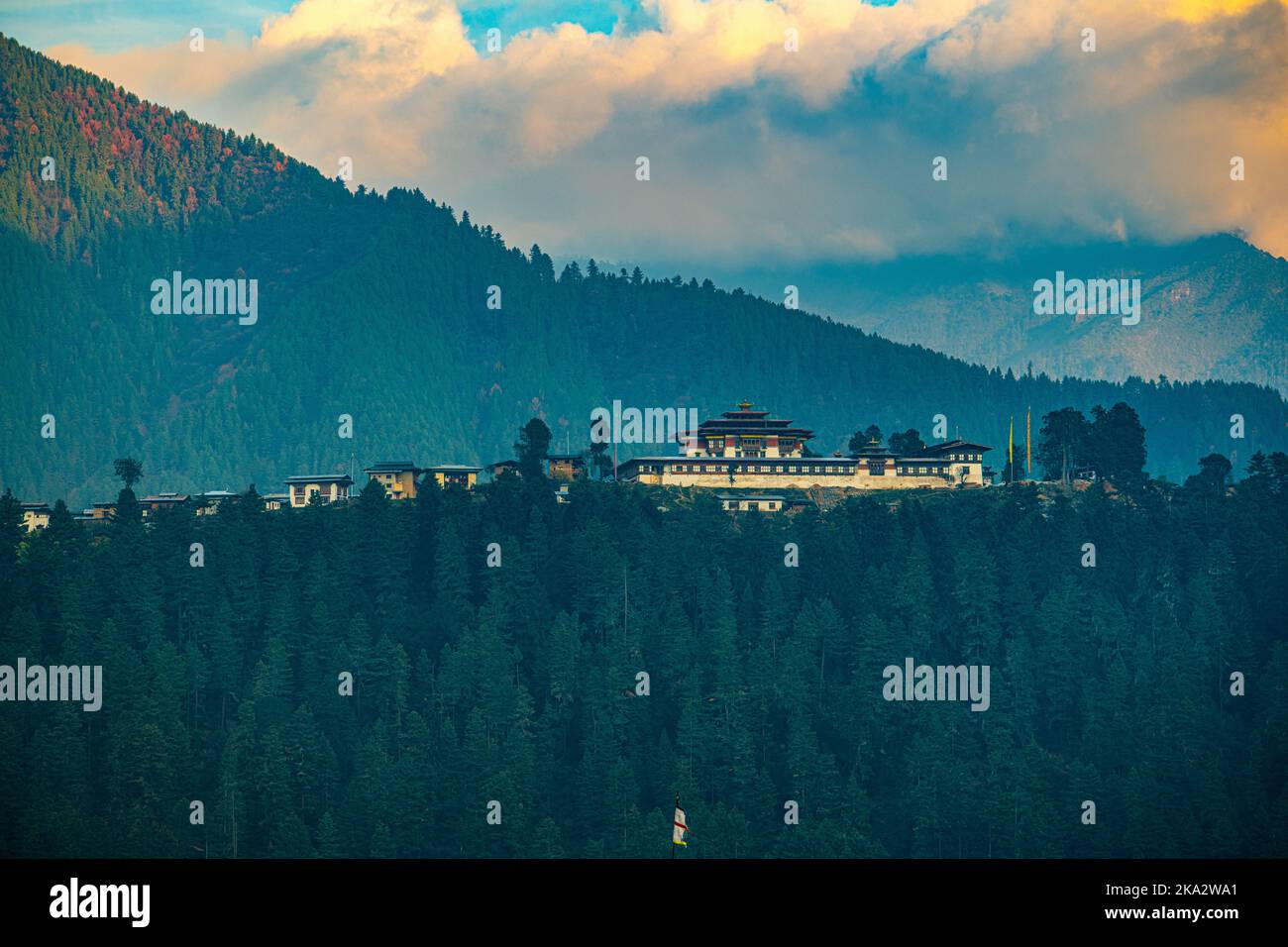 An aerial view of a historic building in the mountains of Phobjikha ...