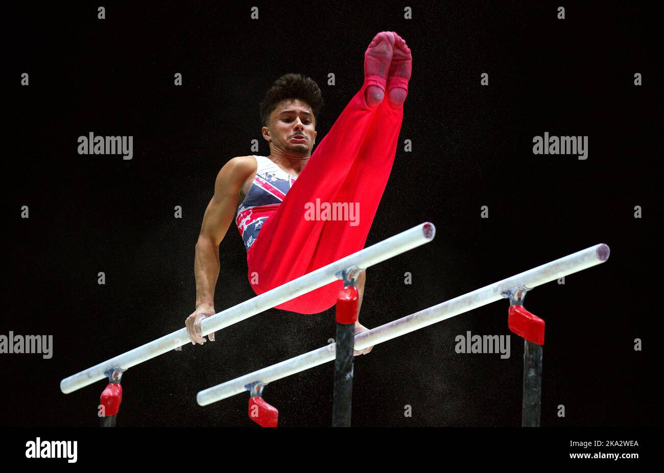 Great Britain's Jake Jarman competes on the parallel bars during day ...