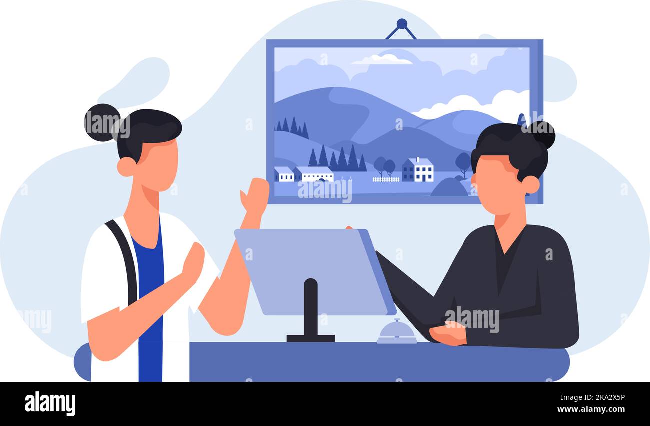 Two person talking inside a travel agency office on a white background ...