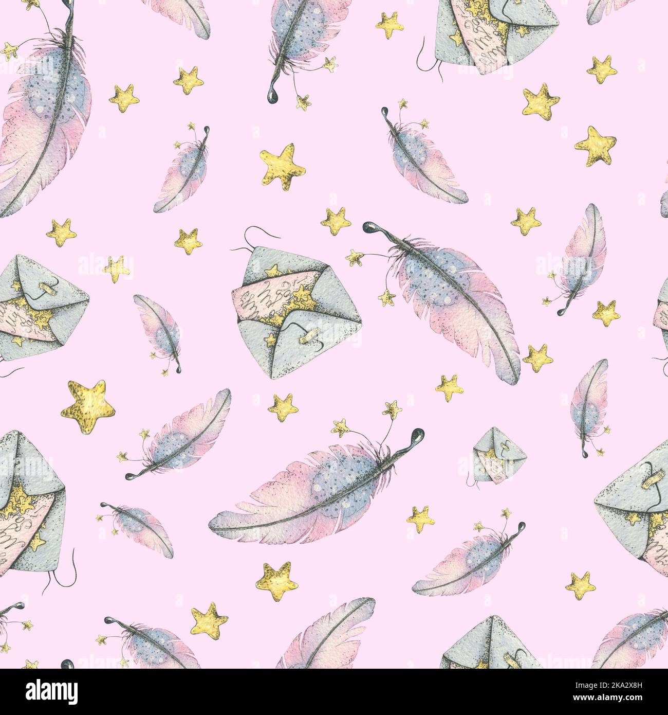 Magic letters for Santa Claus with feathers and stars on a pink ...