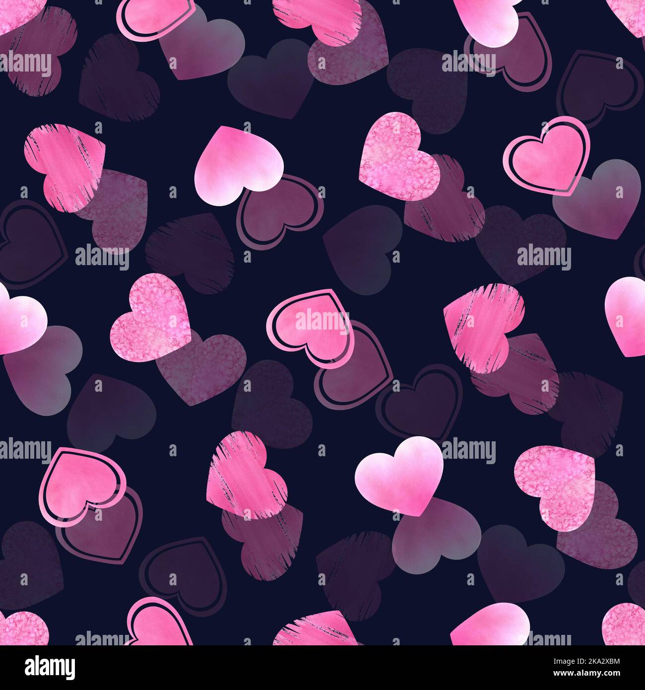 Bright pink hearts of different textures on a dark blue background ...