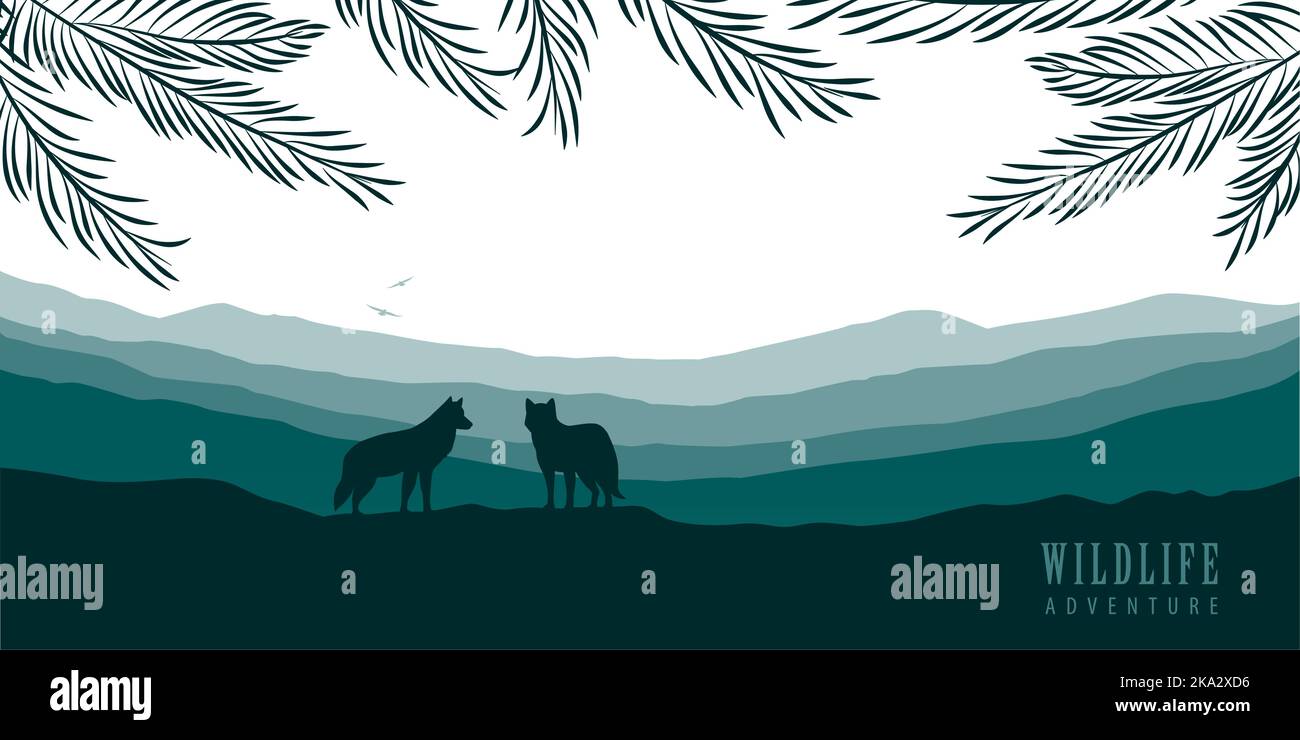 wolf pack on green forest landscape with mountain view Stock Vector ...