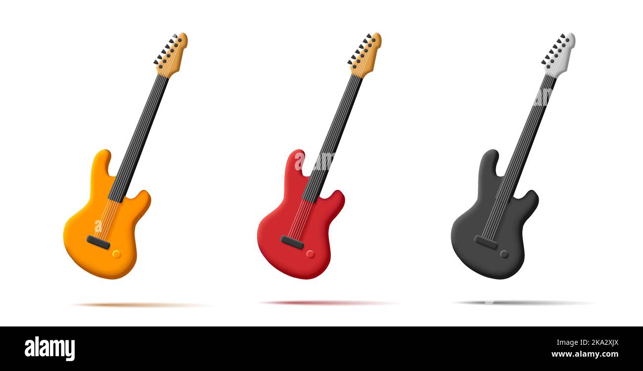 Set of Bass Guitar in three colors. Musical instrument 3d render ...