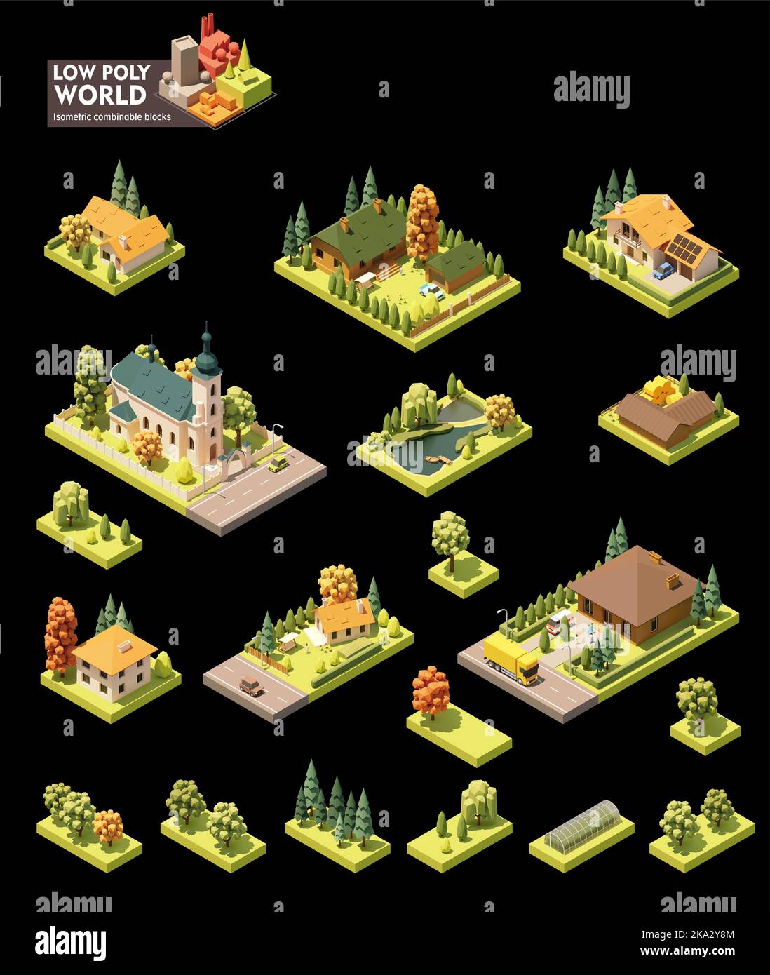 Vector isometric world map creation set. Combinable map elements. Small town or village ...