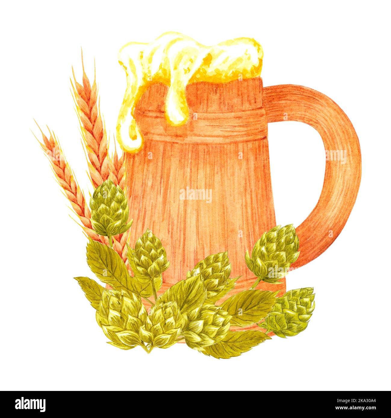 Hand drawn watercolor beer in wooden cup composition on white ...