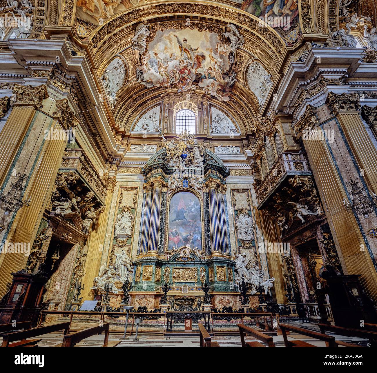 The details on the ceiling and altar inside the Cathedral in Gesu, Rome ...
