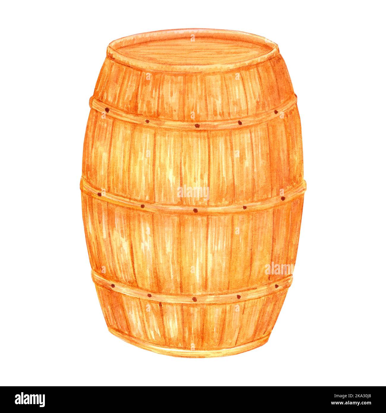 Hand Drawn Watercolor Wooden Beer Barrel On White Background Label