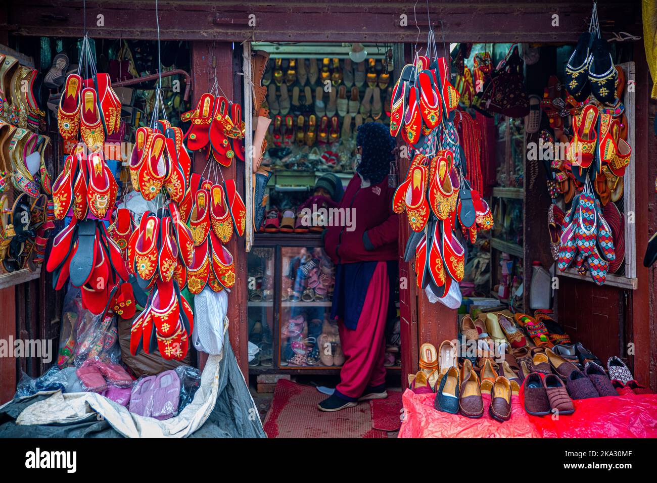 A small shoe store with traditional design at Bhaktapur Durbar Square ...