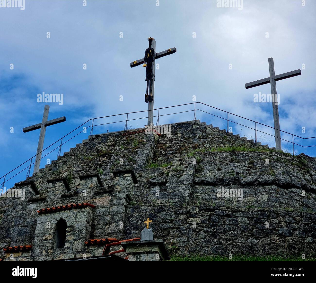 The three Christian crosses of a monastery Stock Photo - Alamy