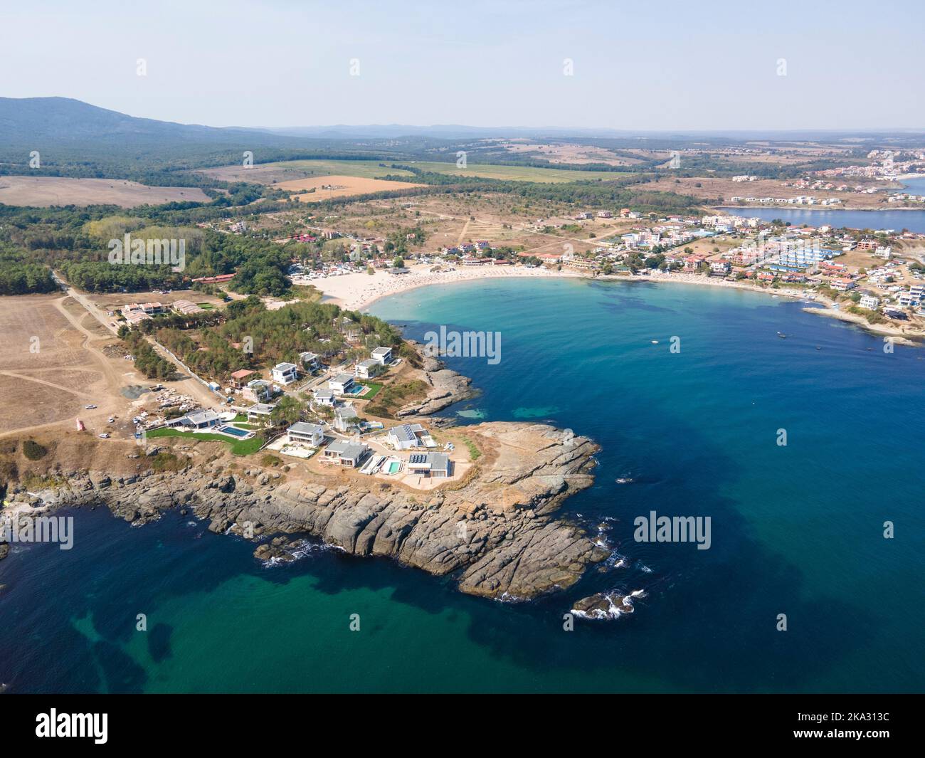 Aerial view of Arapya beach near town of Tsarevo, Burgas Region ...