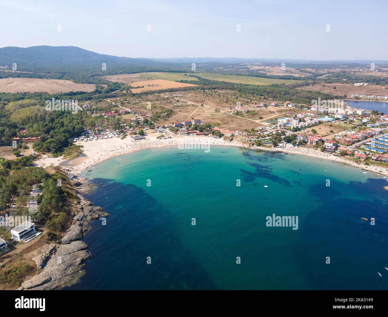 Aerial view of Arapya beach near town of Tsarevo, Burgas Region ...