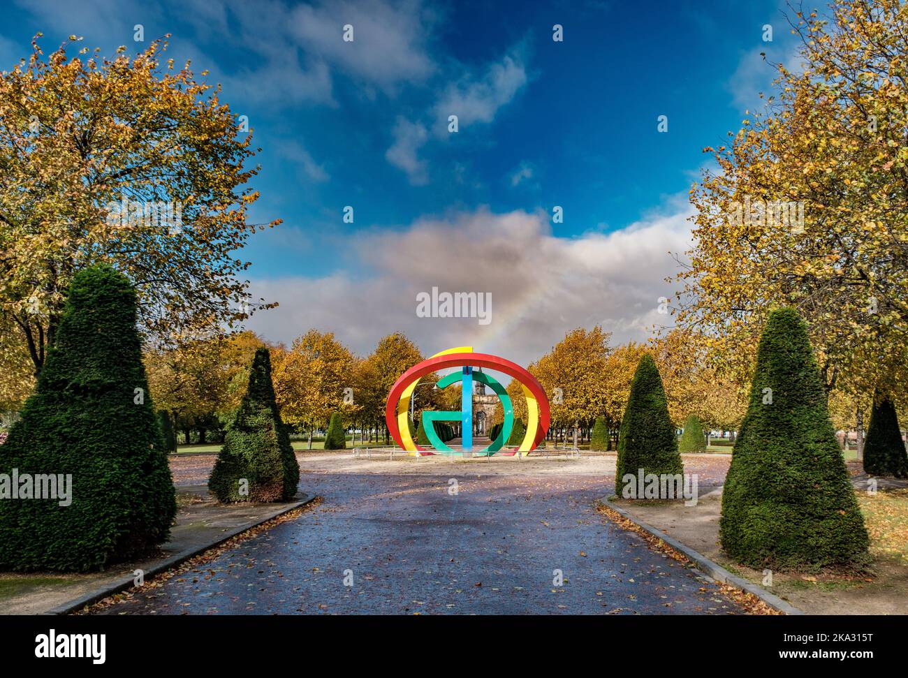 Autumn colours in Glasgow Green, Scotland with a hint of rainbow over ...