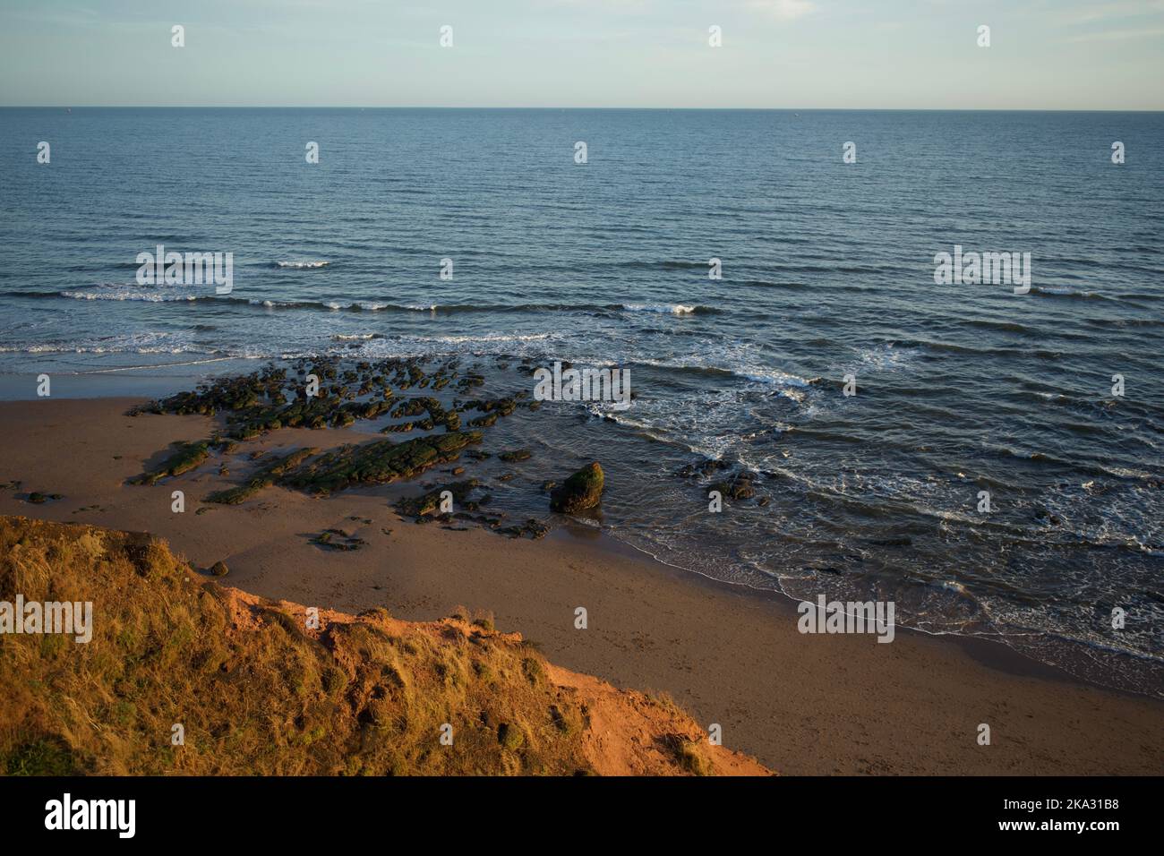 An aerial view of rocky outcrop on Exmouth beach below the sandstone ...