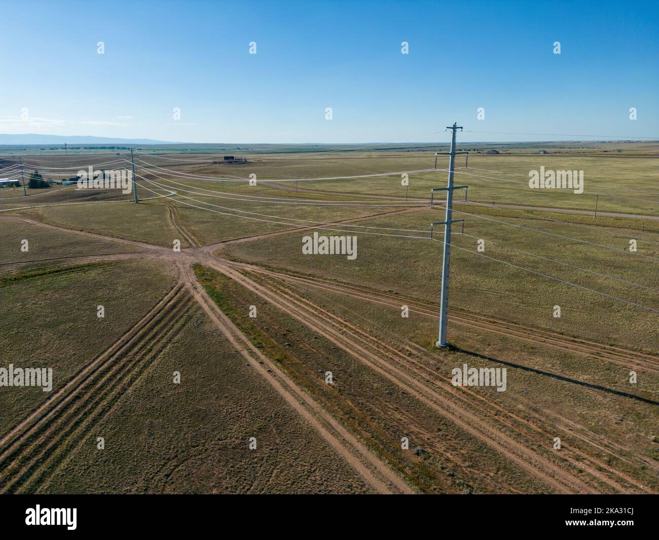 An aerial view of power transmission line in southern Wyoming near ...