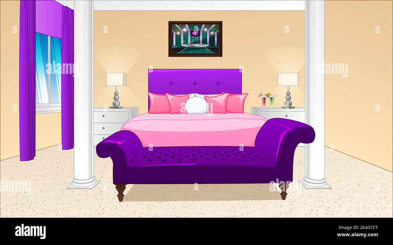 Pyjama Party Theme Bedroom Background Scene in Cartoon Style. Vector ...