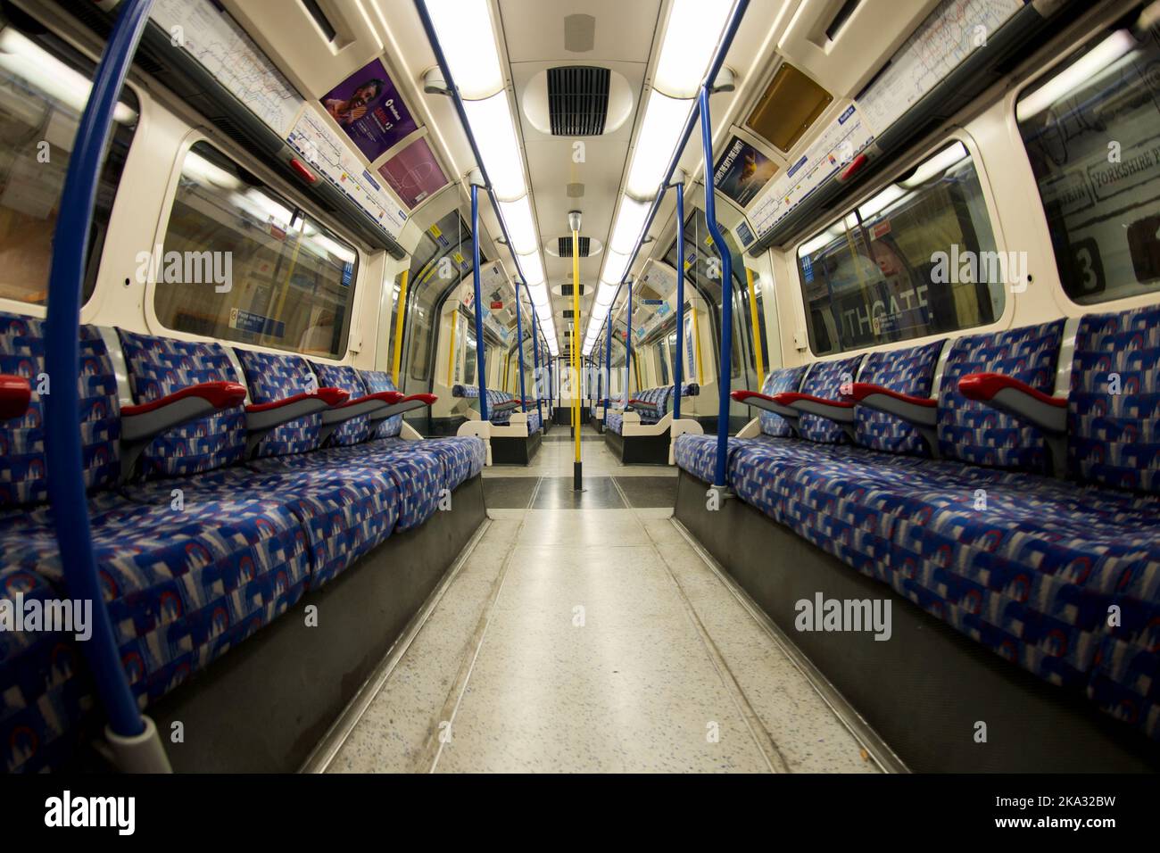 A fisheye view of the interior of an empty Piccadilly line tube train ...
