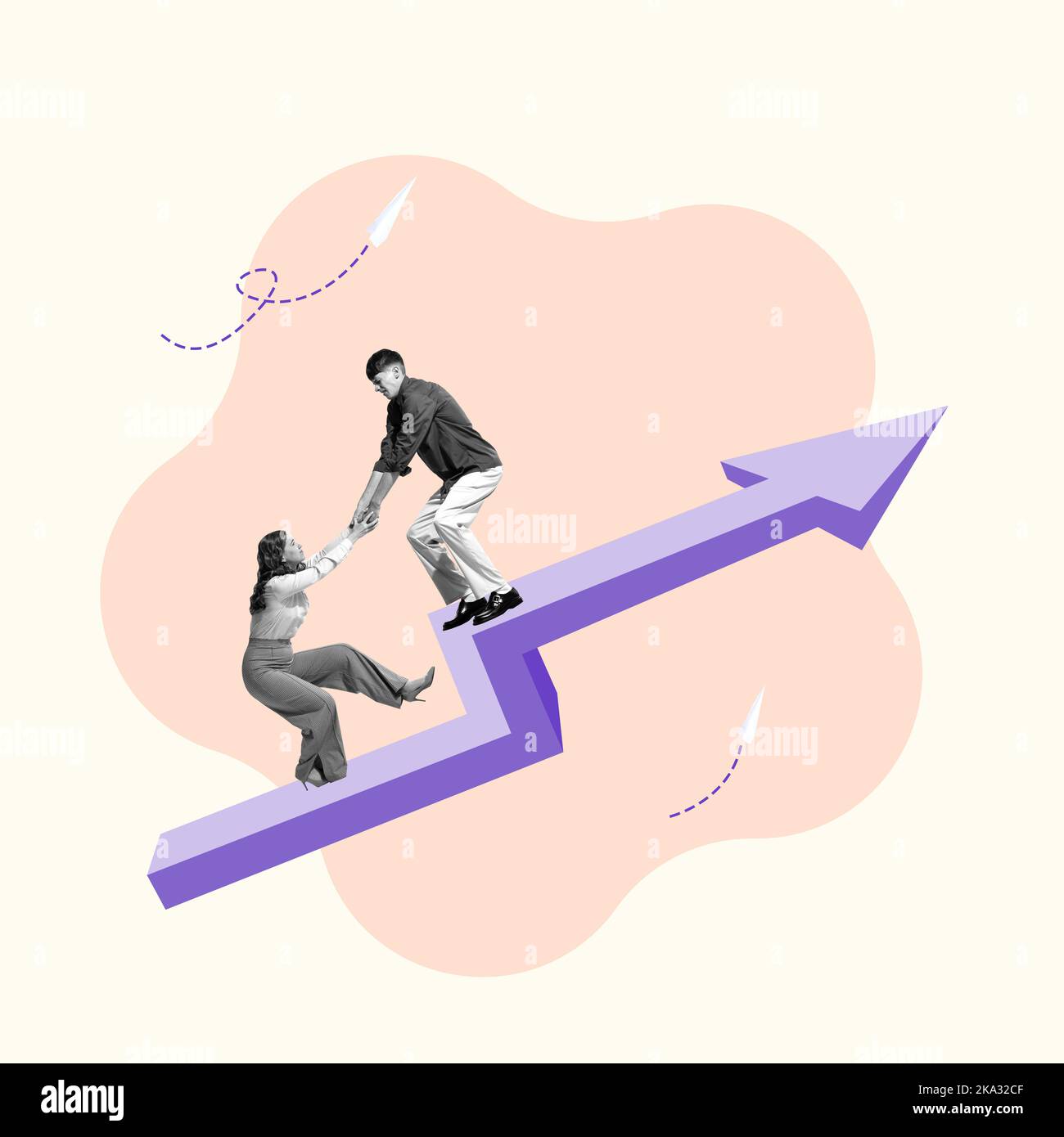 Creative conceptual design. People, employees standing on arrow going ...