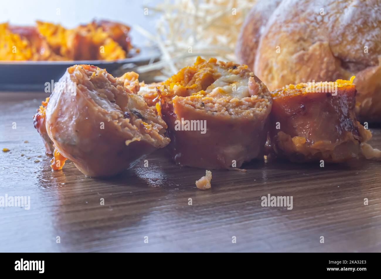 Pumpkin sausage made with Pumpkin and cheese, copy space on the left ...