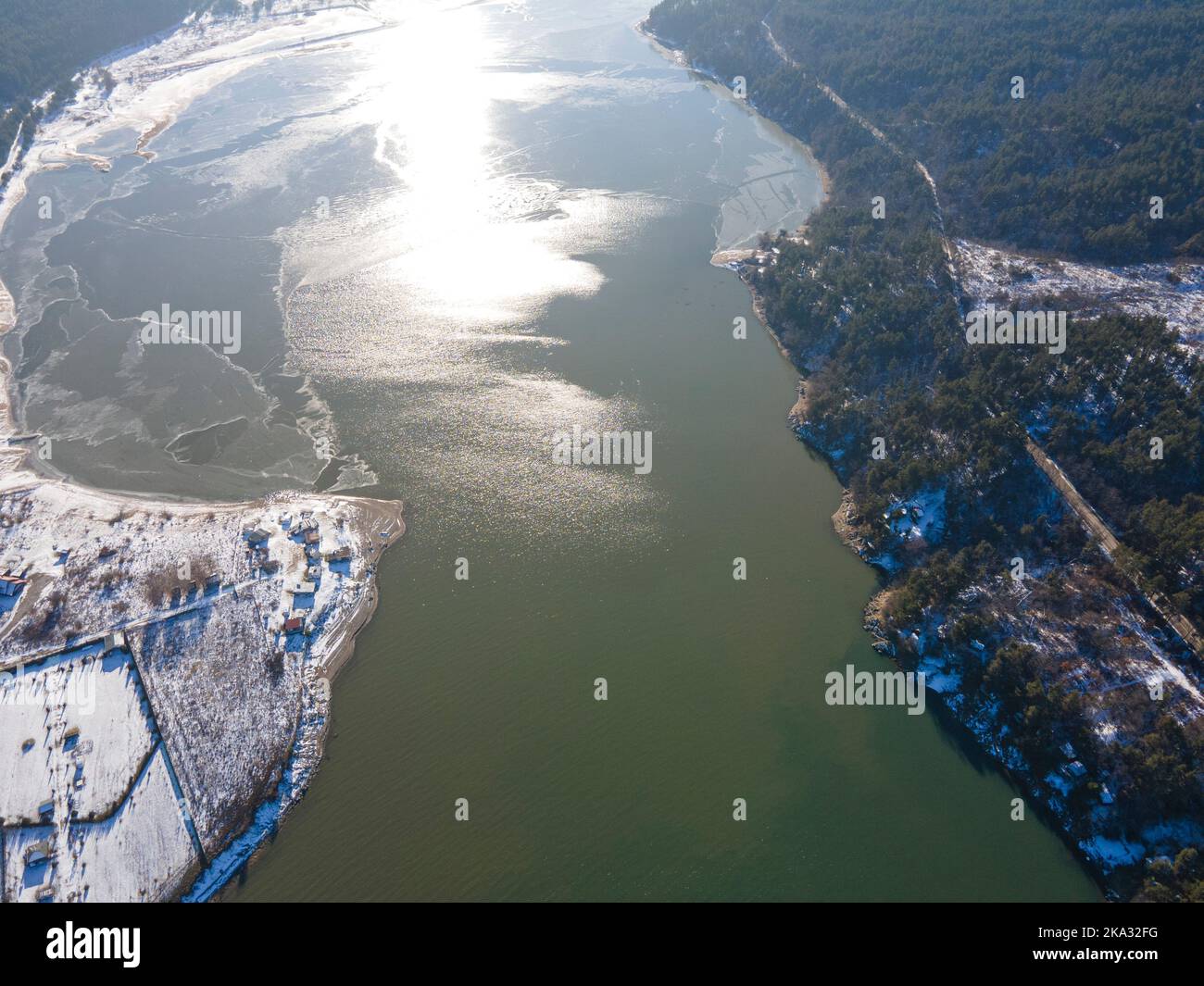 Aerial winter view of Iskar Reservoir near city of Sofia, Bulgaria ...