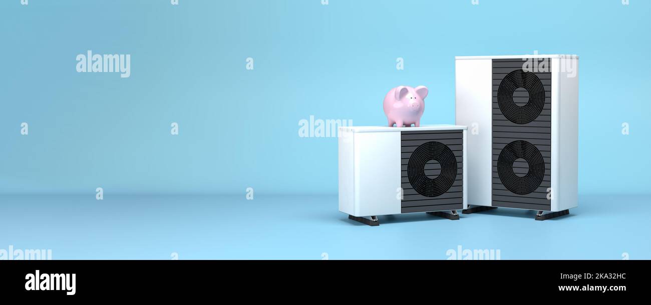 3d render of a small and large fictitious air source heat pump with a ...