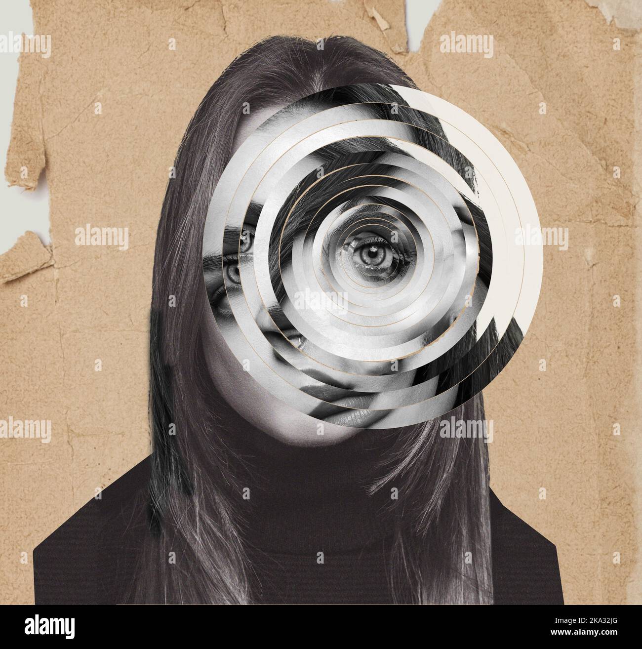 Contemporary art collage. Creative design. Beautiful woman with head ...