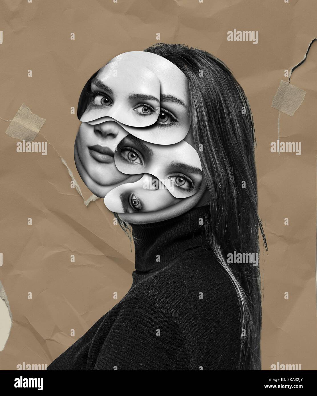 Contemporary art collage. Creative design. Beautiful woman with head ...