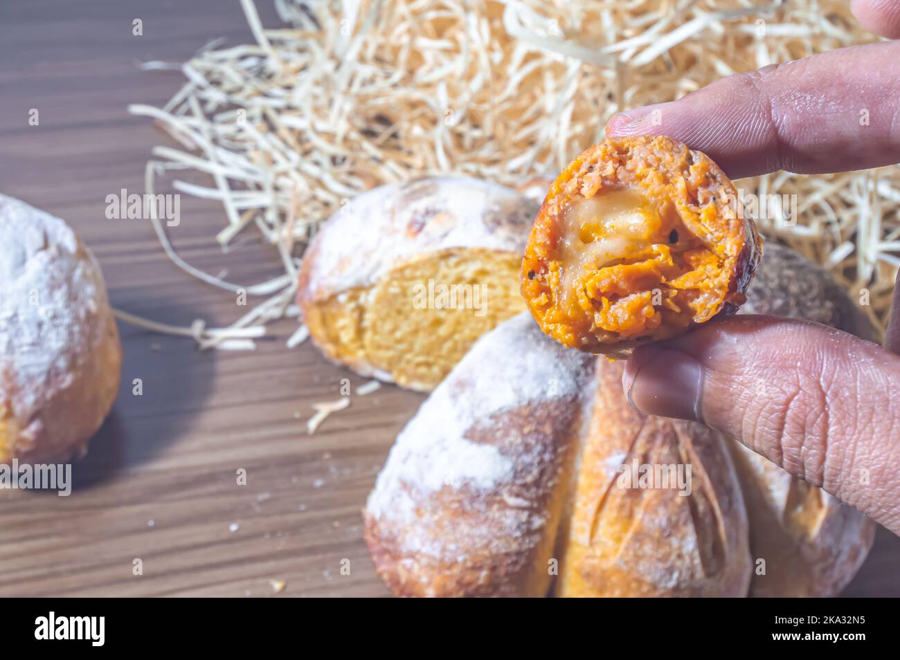 Pumpkin sausage made with Pumpkin and cheese, copy space on the left ...