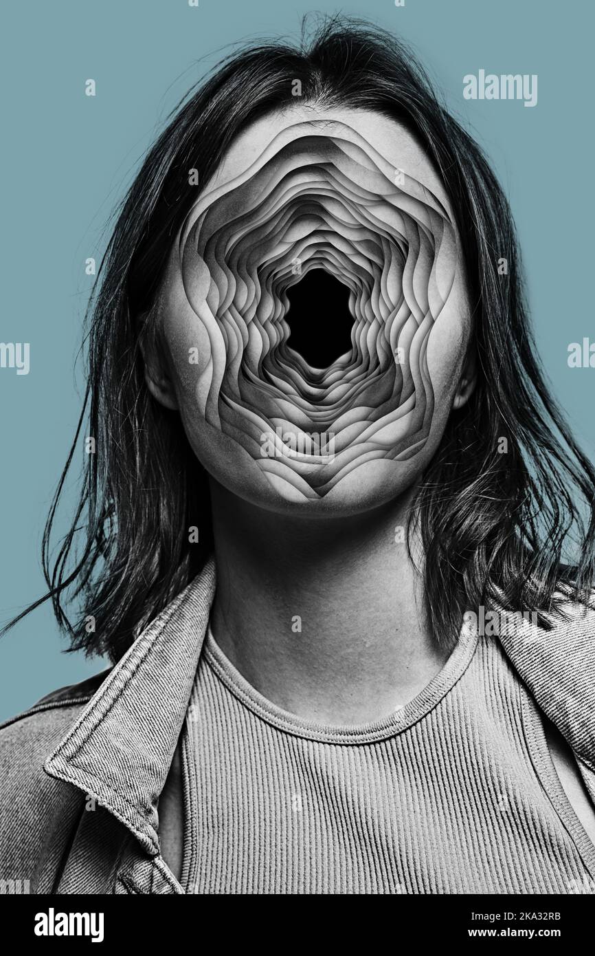 Contemporary art collage. Creative design. Female face in hypnotic ...