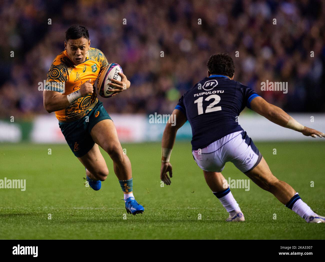 EDINBURGH, SCOTLAND - OCTOBER 29: Australian Centre, Len Ikitau, gets ...