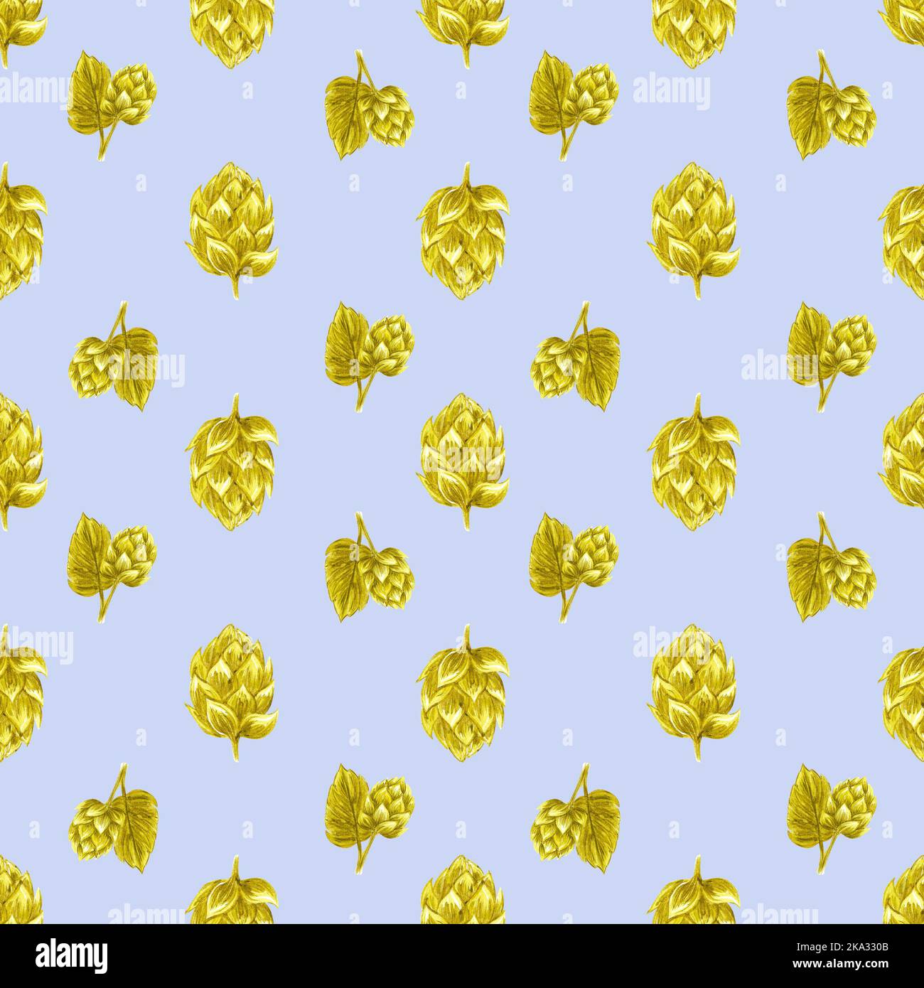 Handdrawn malt seamless pattern. Watercolor green malt on the blue ...