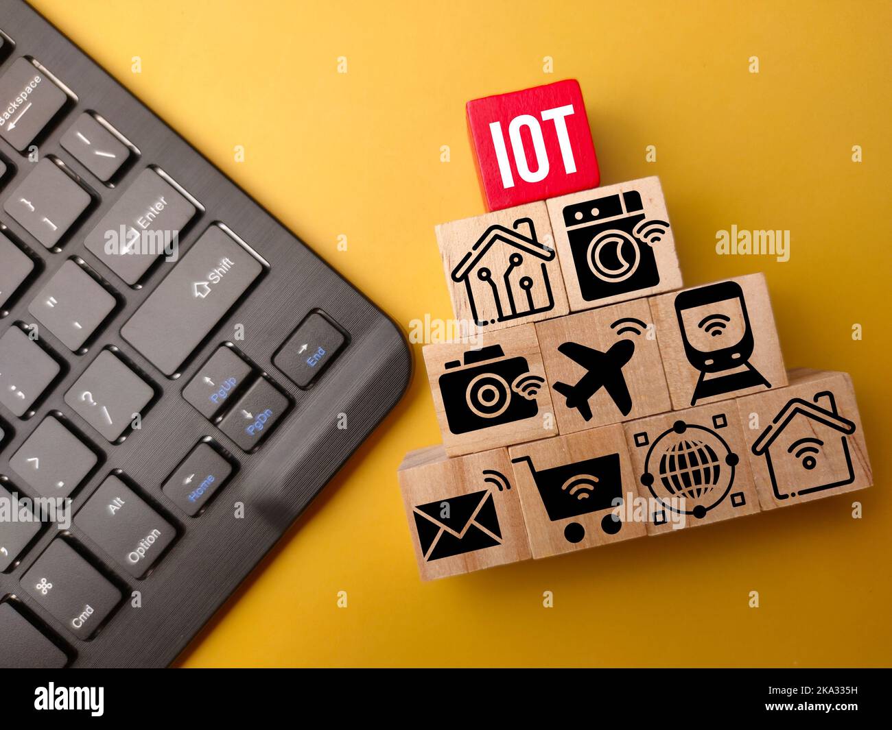 A top view of IoT concept letters icons of end devices, objects ...