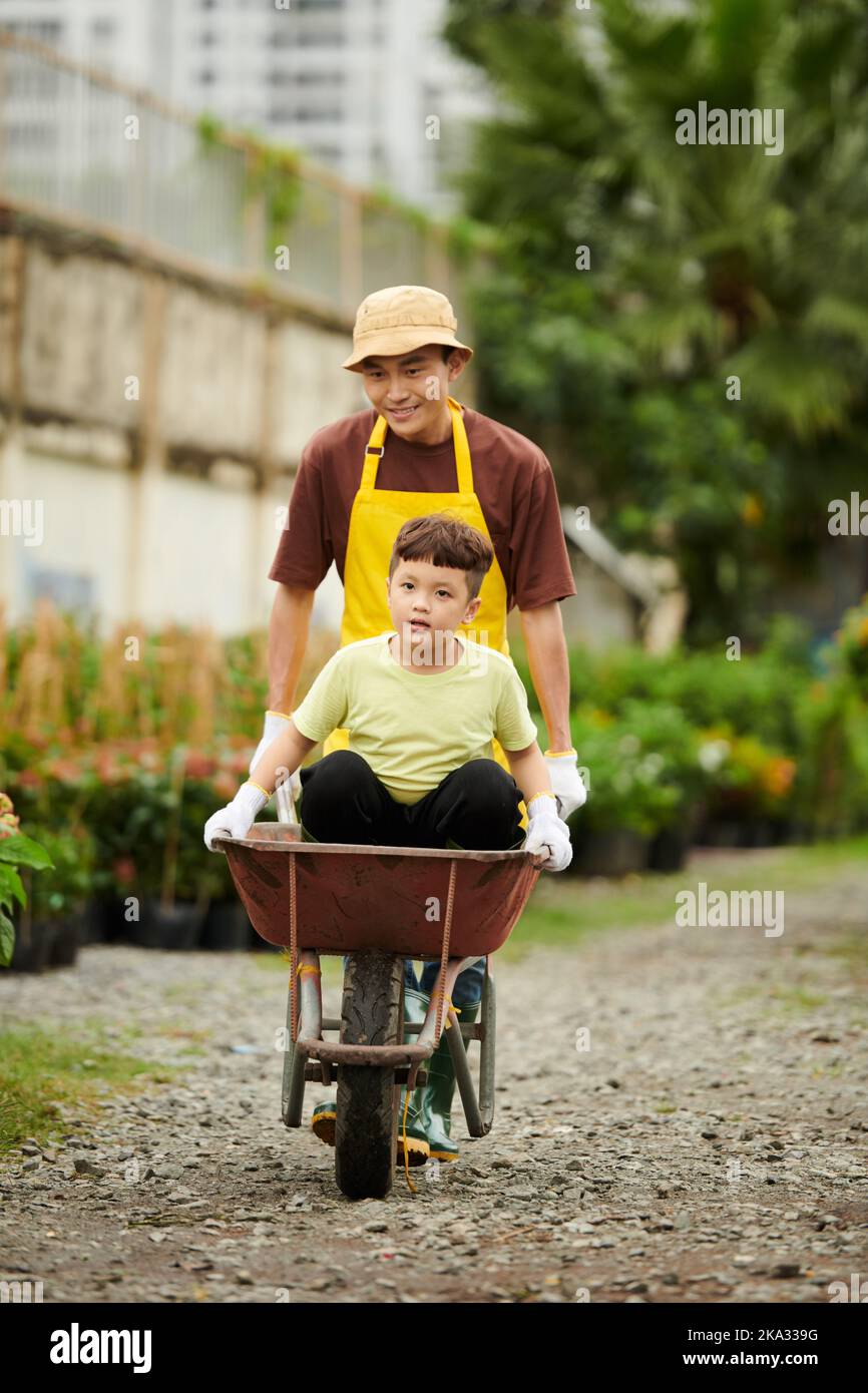 Happy father pushing wheelbarrow along path whenn preteen boy sitting ...
