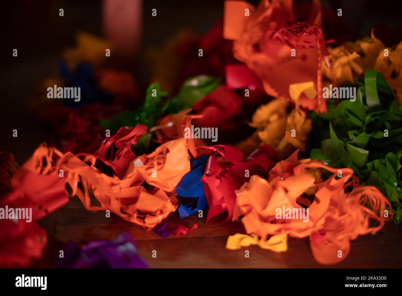 Crumpled film. Color film after creative work. Production waste ...