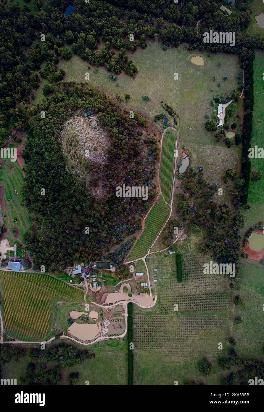 An aerial view of a small mountain with a winery Stock Photo - Alamy