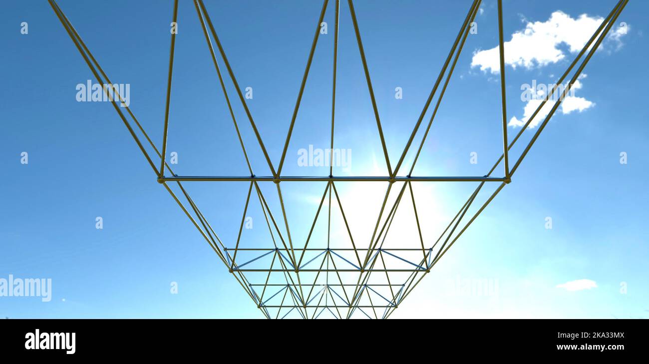 Complex lattice metal truss against the backdrop of the sun on a blue ...