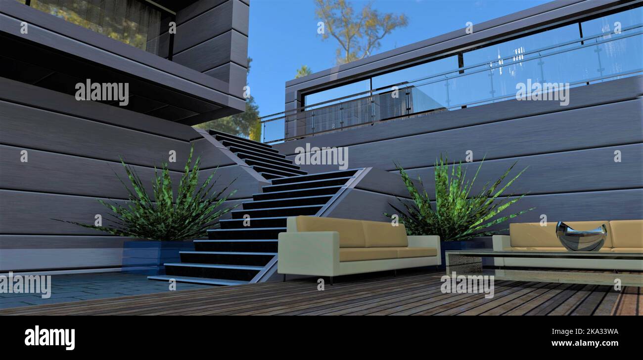 Climbing the stone stairs to the upper terrace past a compact patio on ...