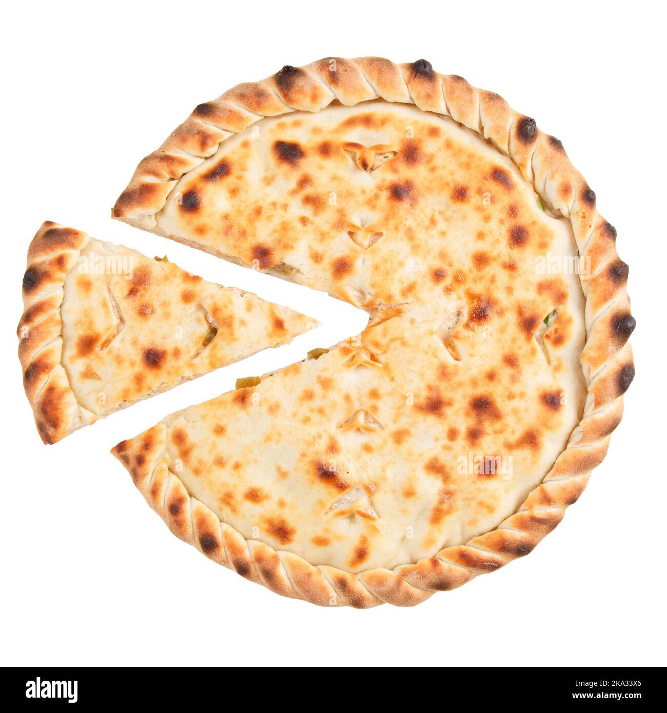 Side view of homemade dietary ossetian pie with salmon and cheese ...