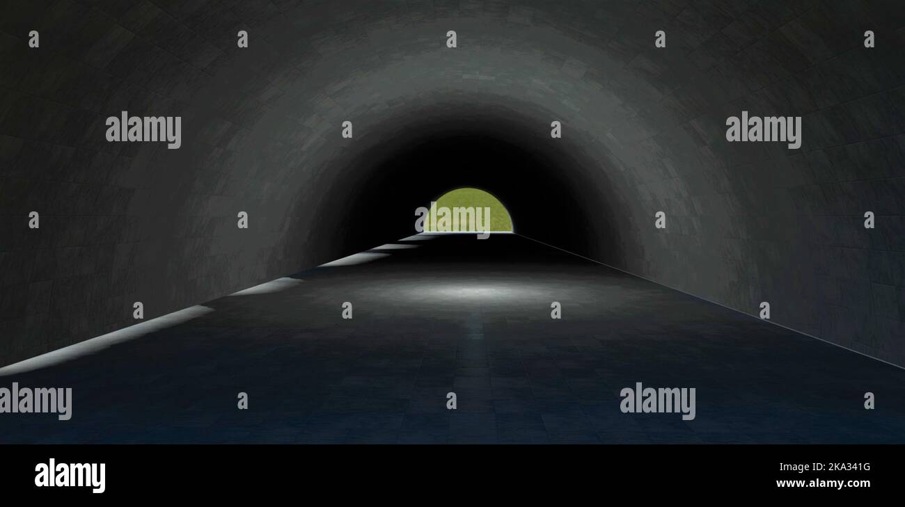 Grass at the end of a concrete tunnel. Optical illusion - darkness ...