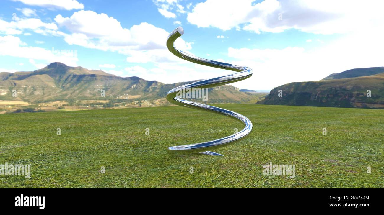 A piece of shiny, spiral-shaped metal sticks out of the ground in a ...