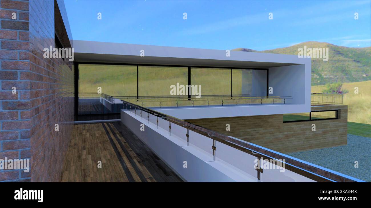 Nice cozy balcony of a newly built house designed in a minimalist style ...