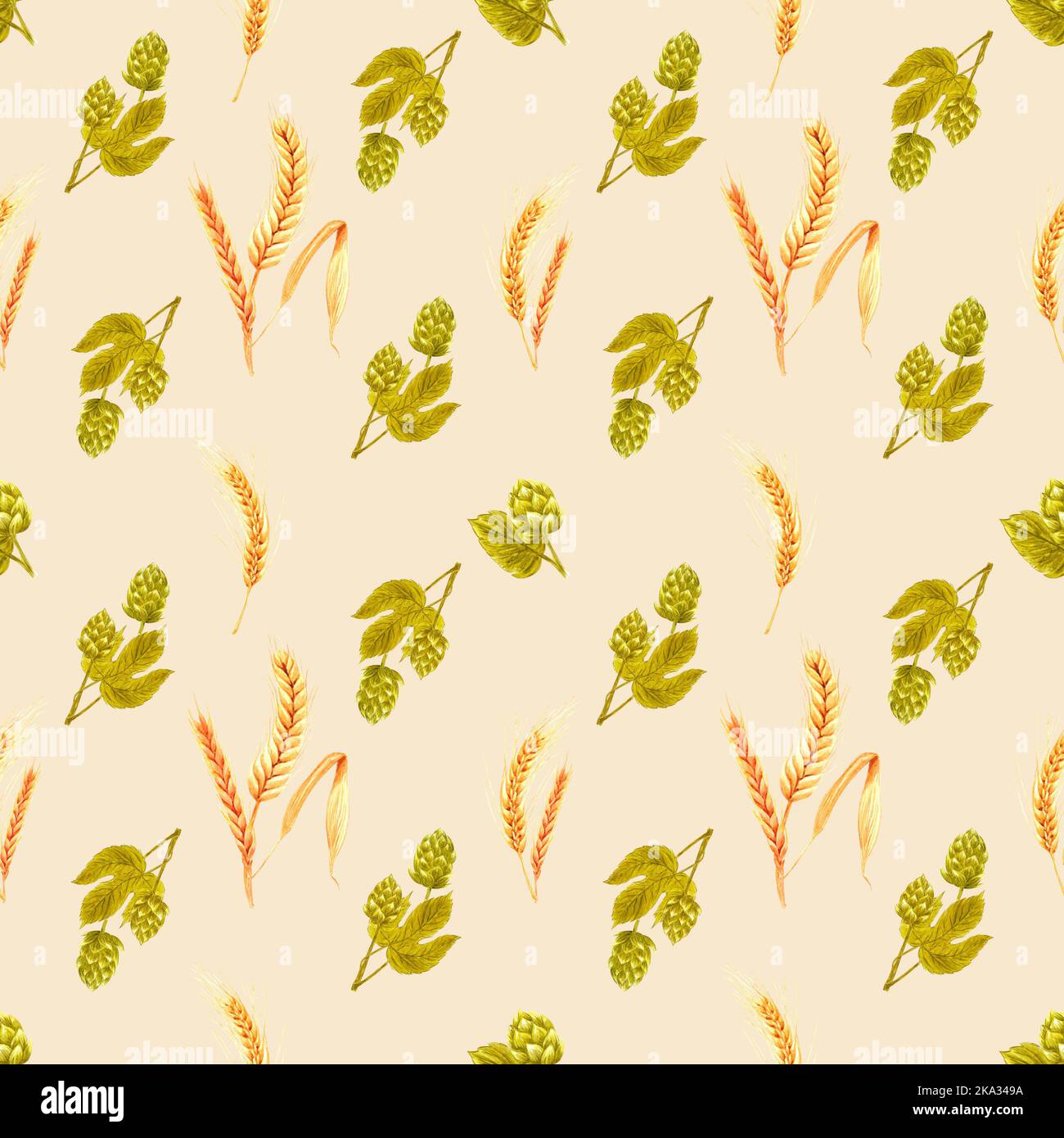 Handdrawn malt seamless pattern. Watercolor green malt and wheat on the ...