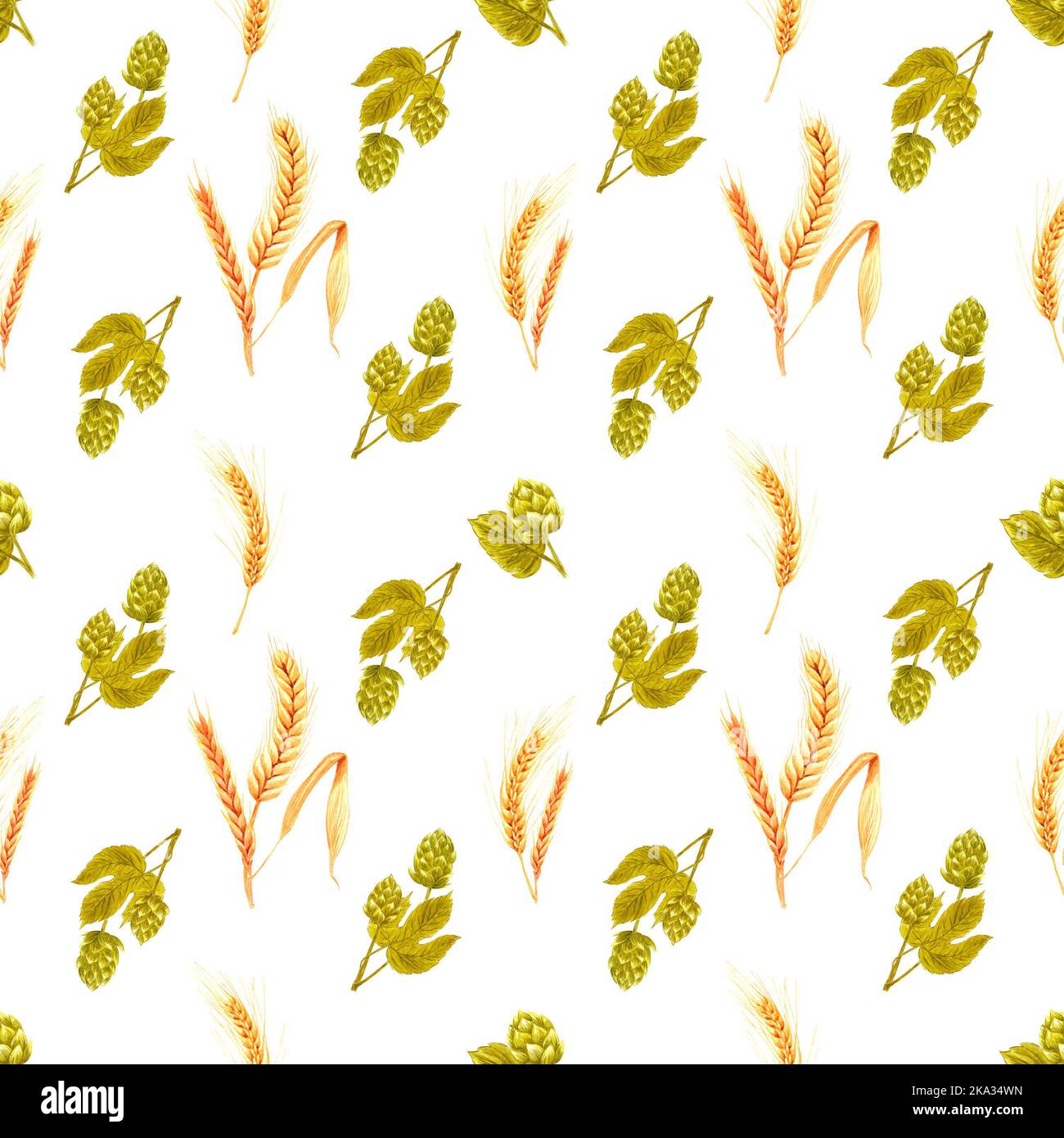 Handdrawn malt seamless pattern. Watercolor green malt and wheat on the ...