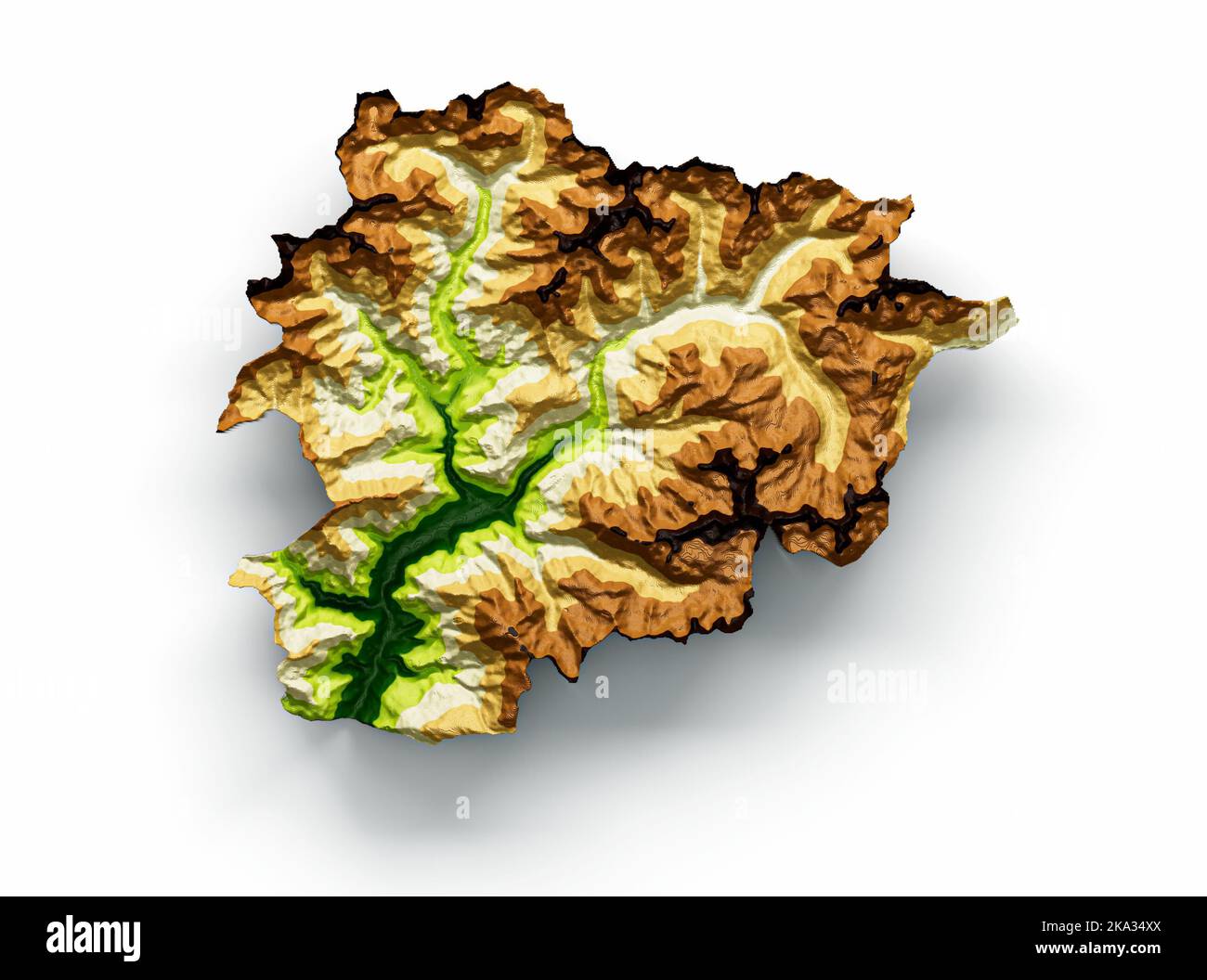 A 3D rendering of the physical map of Andorra isolated on a white ...