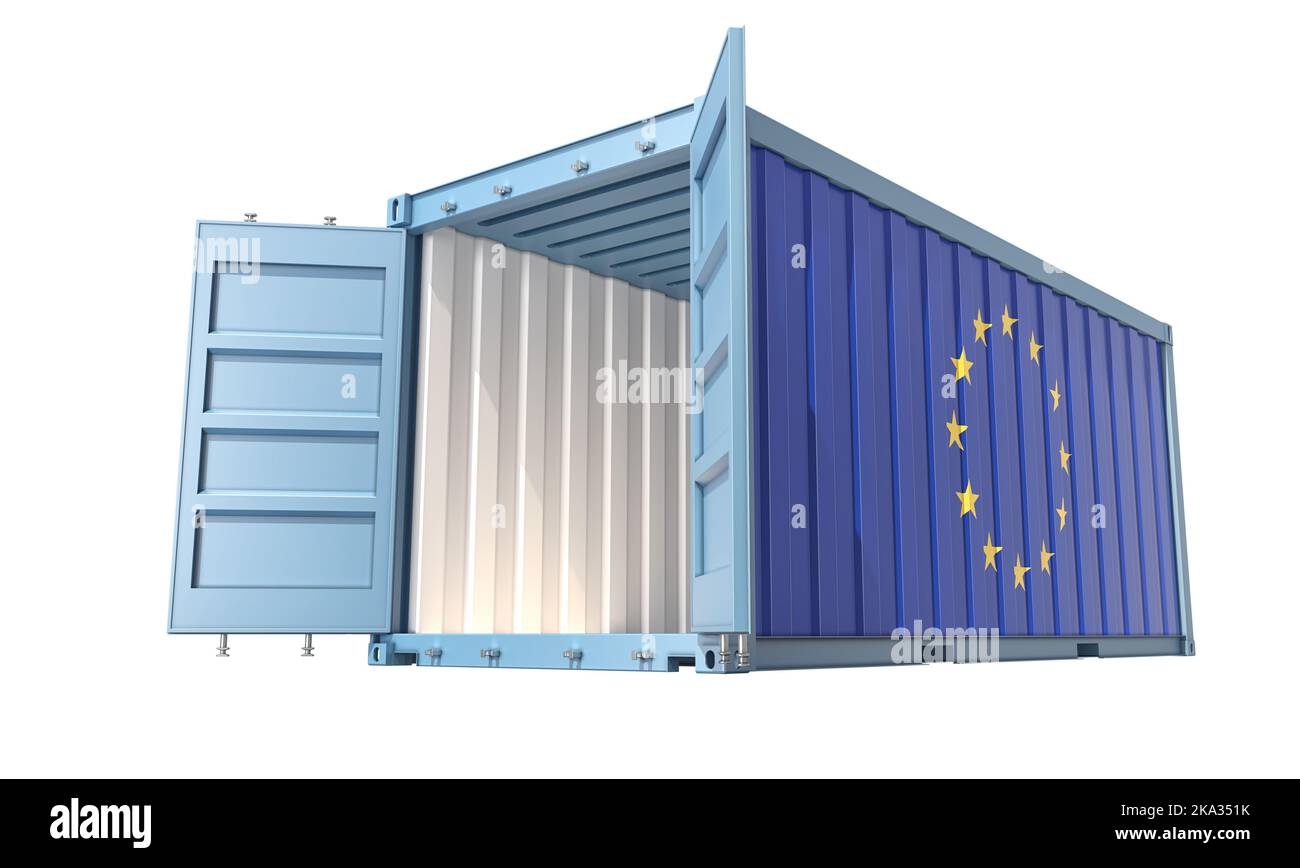 Cargo Container with open doors and European Union flag design. 3D ...